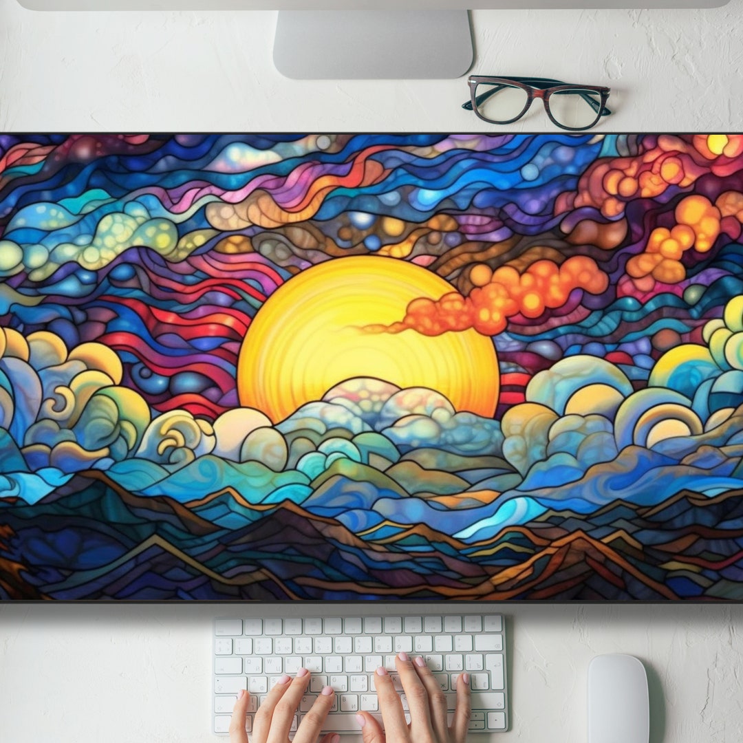 Stained Glass Sunset Landscape Desk Mat Gaming Mouse Pad Large Mousepad ...
