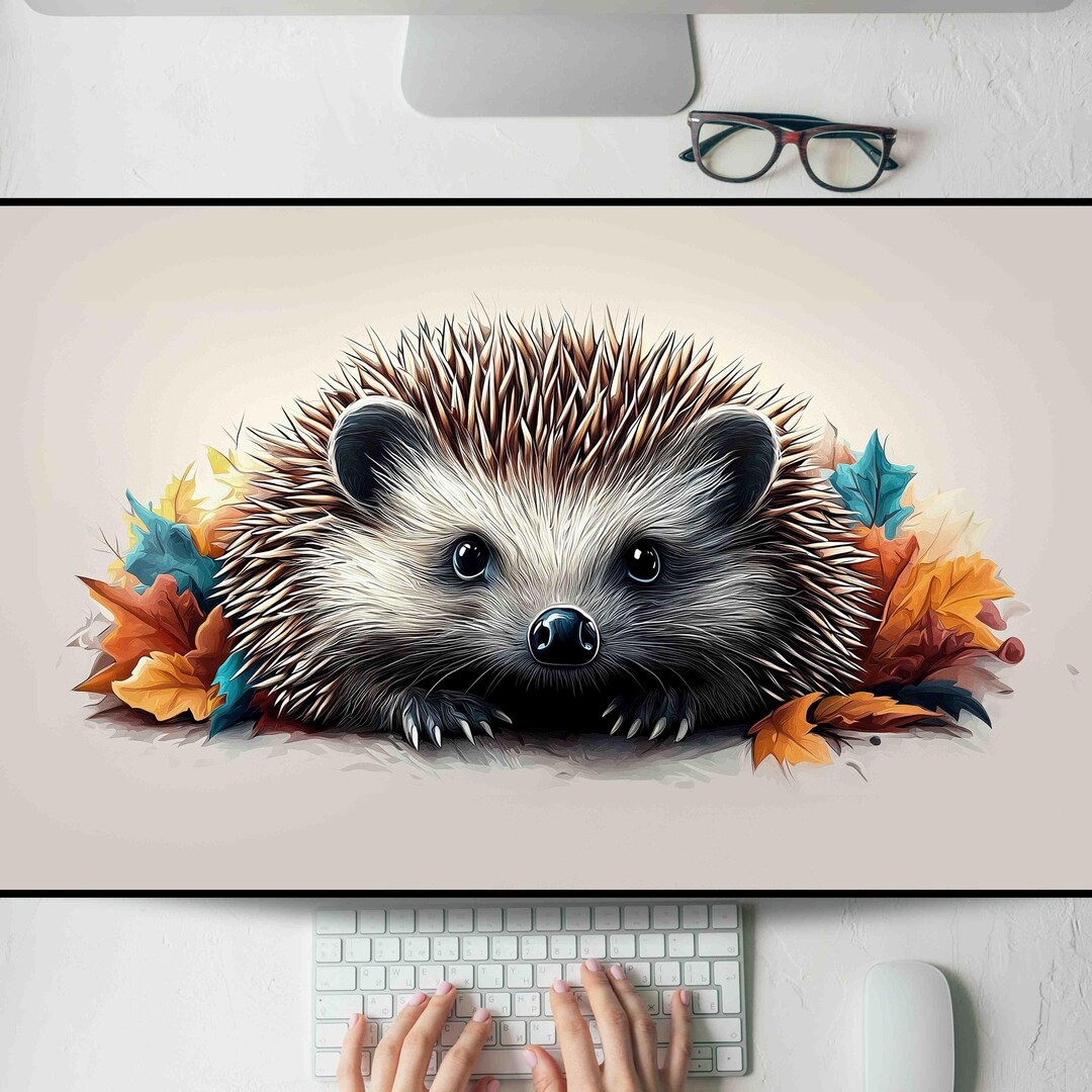Cozy Hedgehog Among Autumn Blooms Desk Mat, Gaming Mouse Pad, Large ...