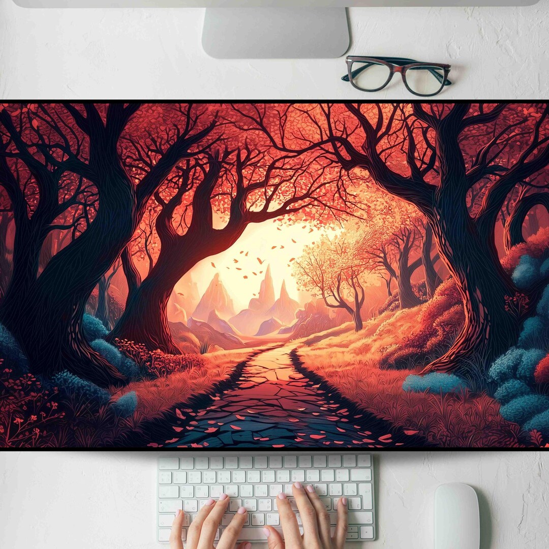 Forest Path in Scarlet Twilight Desk Mat, Gaming Mouse Pad, Large ...