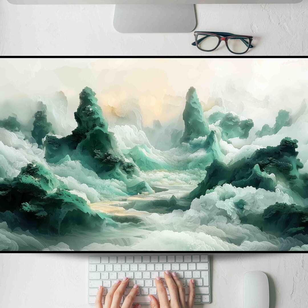 Misty Peaks in Ice Green Desk Mat, Gaming Mouse Pad, Large Mousepad ...
