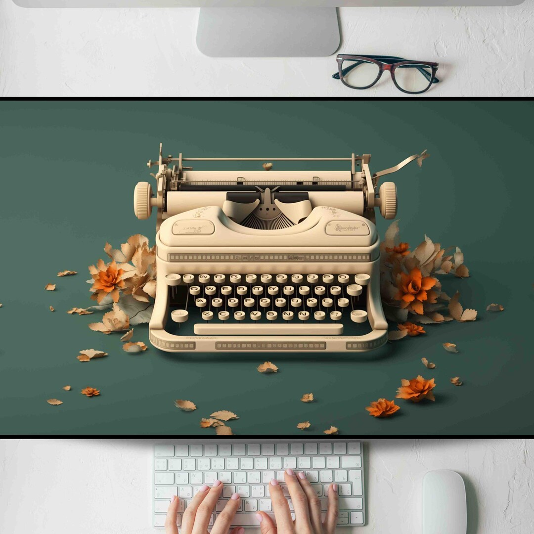 Vintage Typewriter on Falling Leaves Desk Mat, Gaming Mouse Pad, Large ...