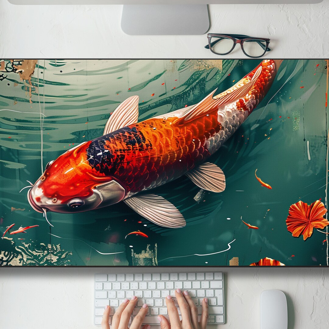 Cool Koi Fish in Pond Design Desk Mat Gaming Mouse Pad Large Mousepad ...
