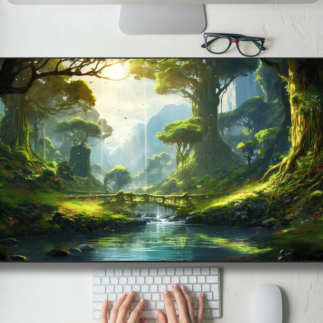 Lush Green Forest With Bridge Desk Mat Gaming Mouse Pad Large Mousepad ...