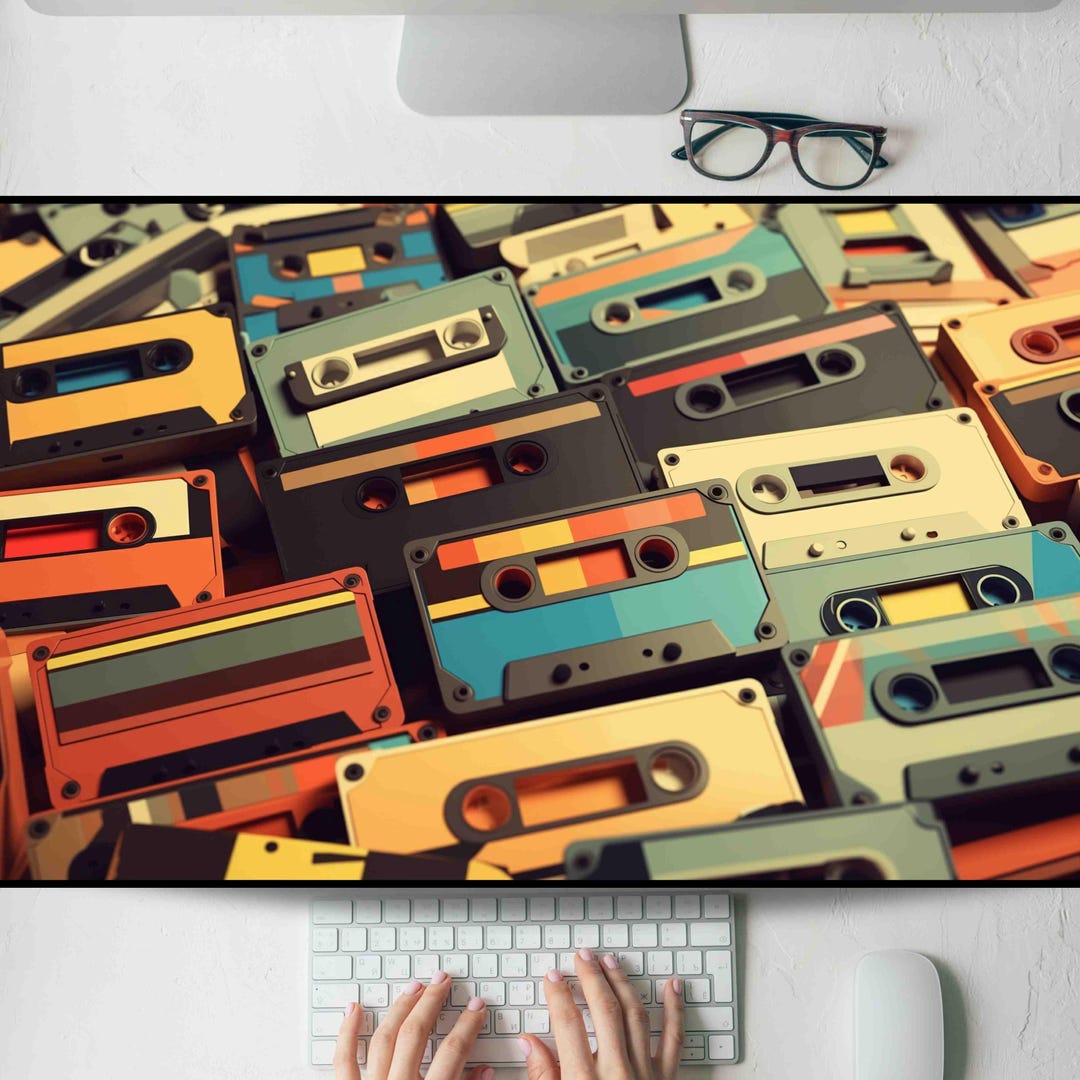Cassette Storm in Neon Orange Desk Mat, Gaming Mouse Pad, Large ...