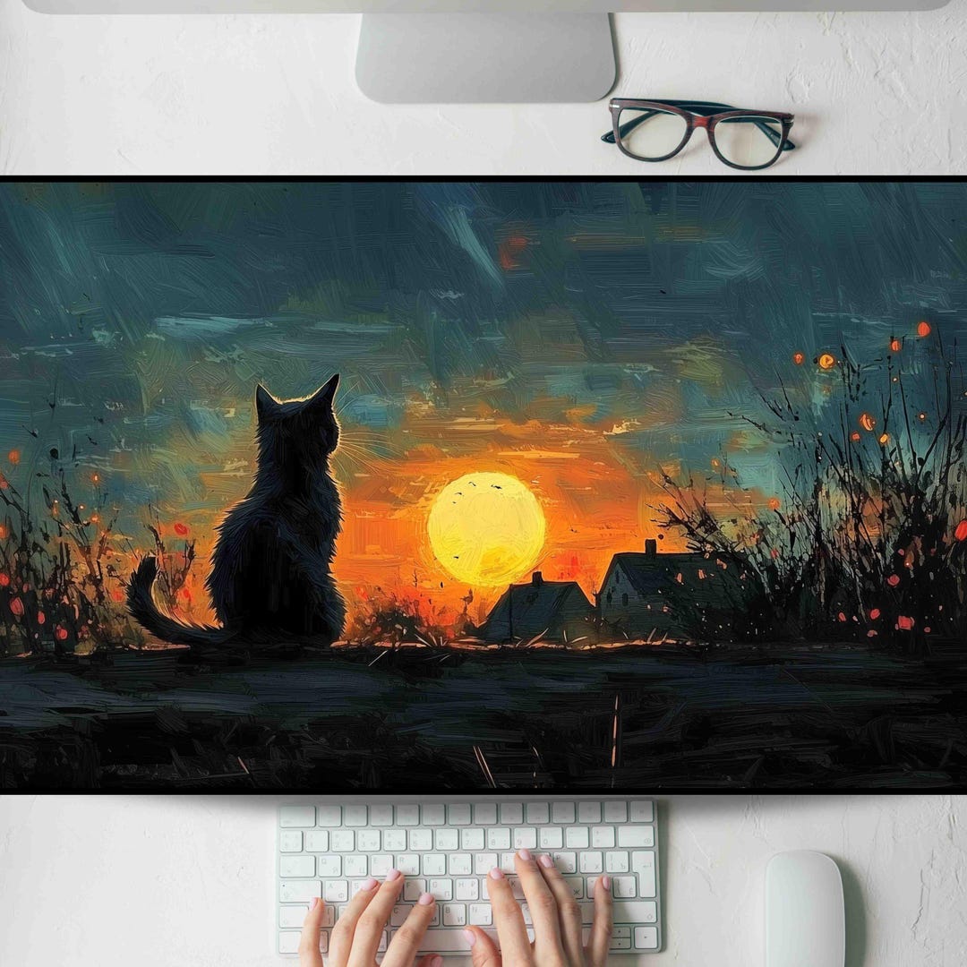 Cat Watching Setting Sun Under Ember Sky Desk Mat, Gaming Mouse Pad ...