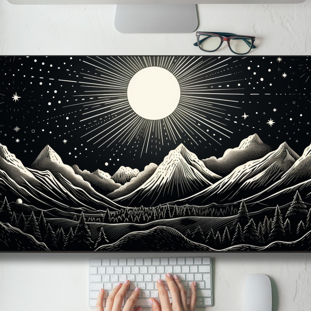 Black and White Mountain Landscape Desk Mat Gaming Mouse Pad Large ...