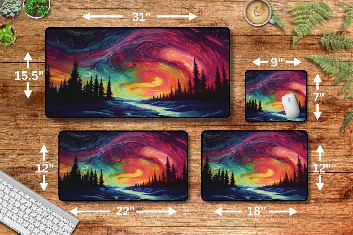Cosmic Aurora Over Pine Peaks Desk Mat, Gaming Mouse Pad, Large ...