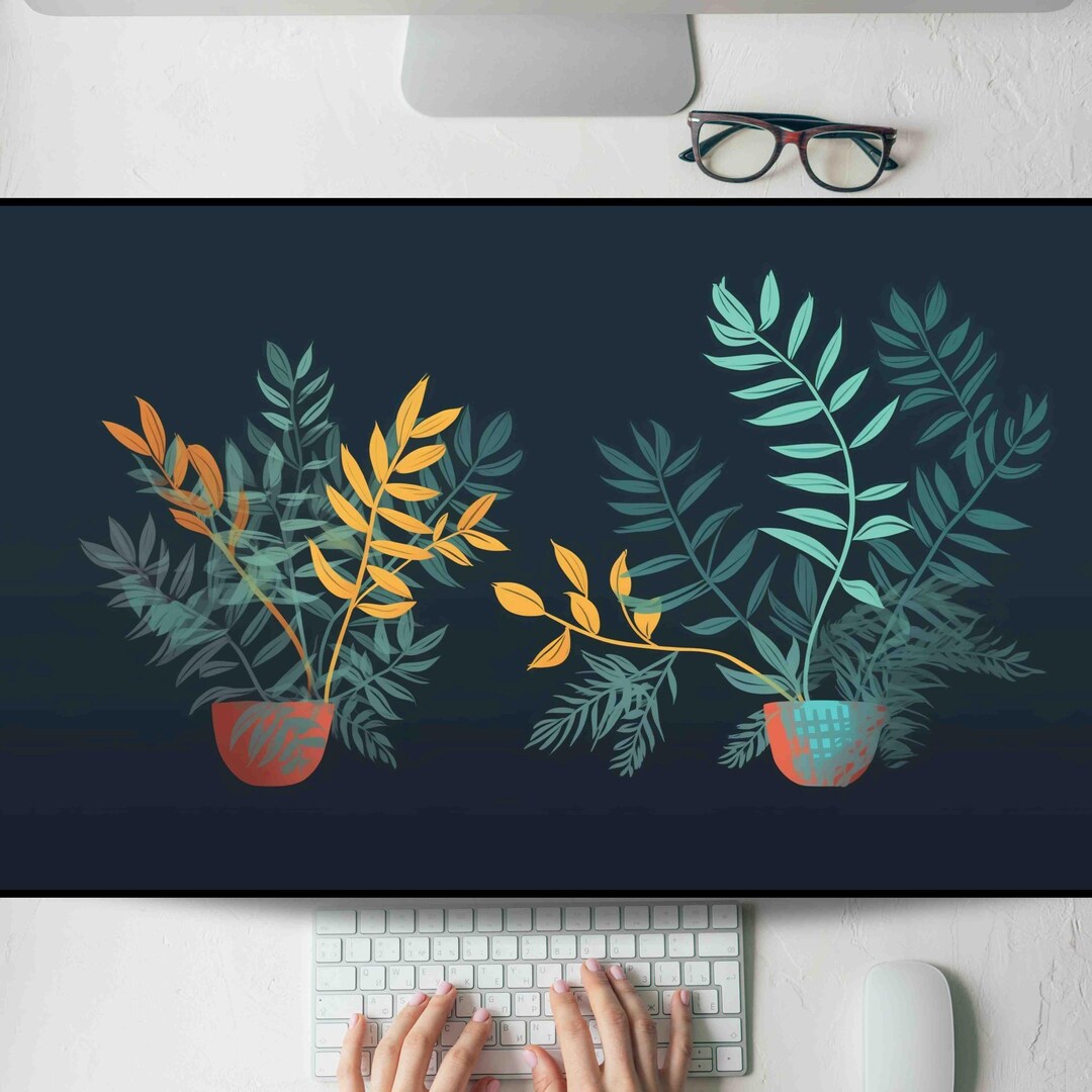 Houseplants on Teal Table Desk Mat, Gaming Mouse Pad, Large Mousepad ...