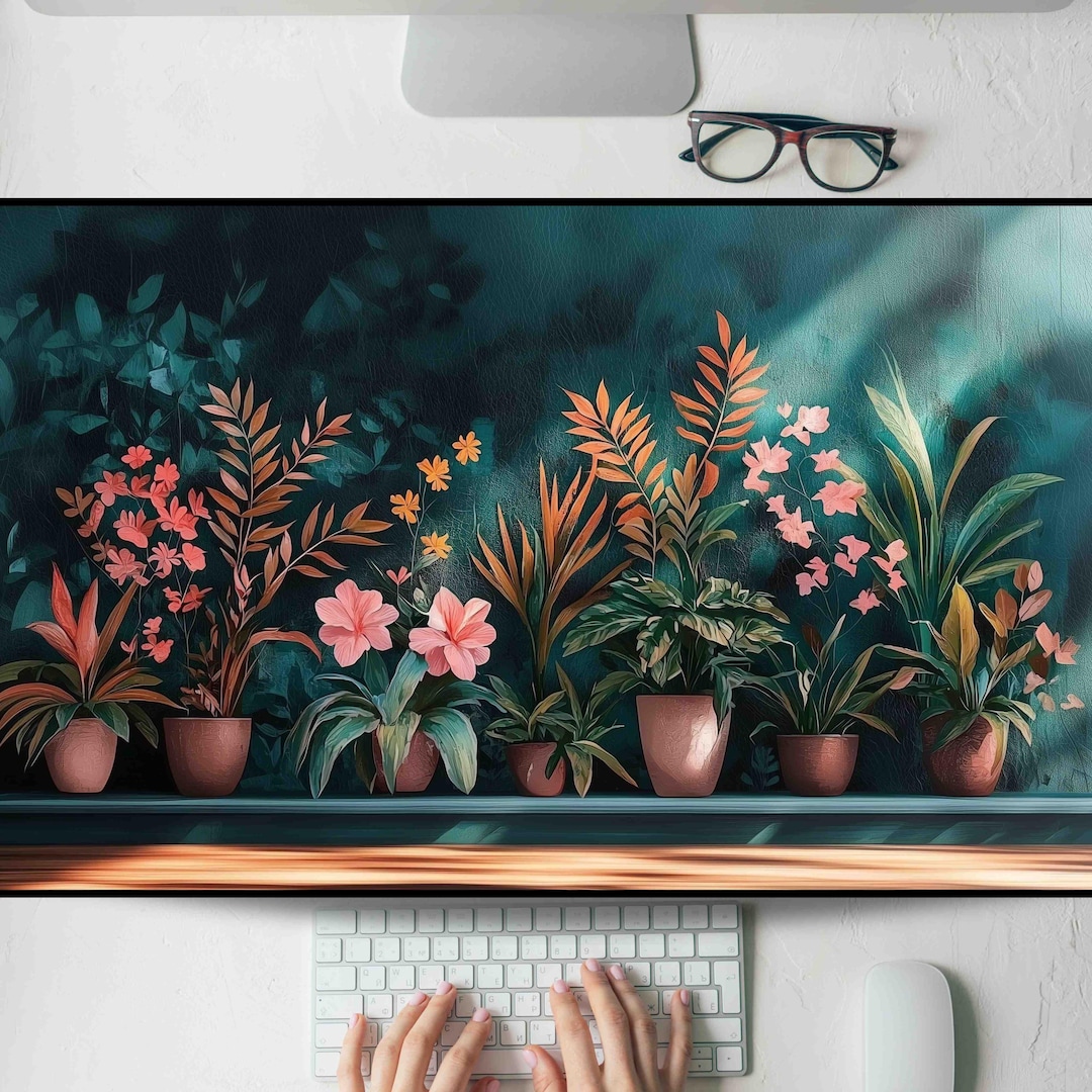 Terracotta Pots and Gentle Greens Desk Mat, Gaming Mouse Pad, Large ...