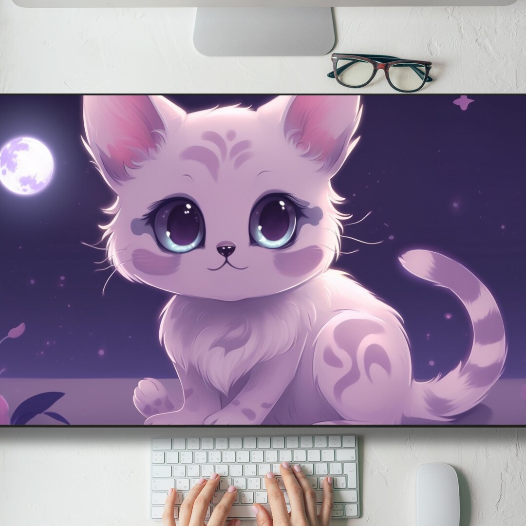Purple Kawaii Kitten Desk Mat Gaming Mouse Pad Large Mousepad, MTG ...