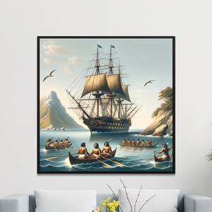 Captain James Cook Sailing Into a Bay in New Zealand and Being Greeted ...