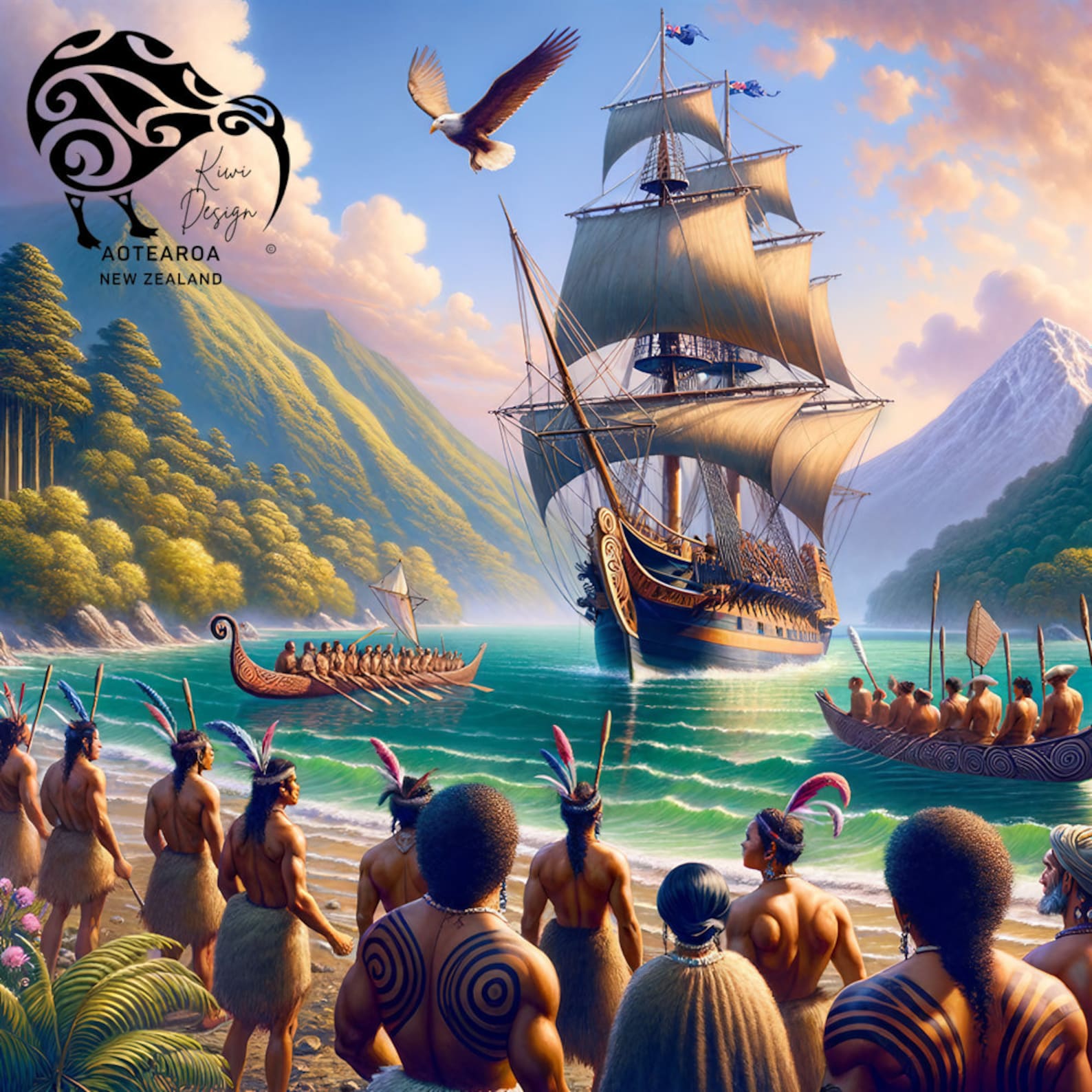 Captain James Cook Sailing Into a Bay in New Zealand and Being Greeted ...