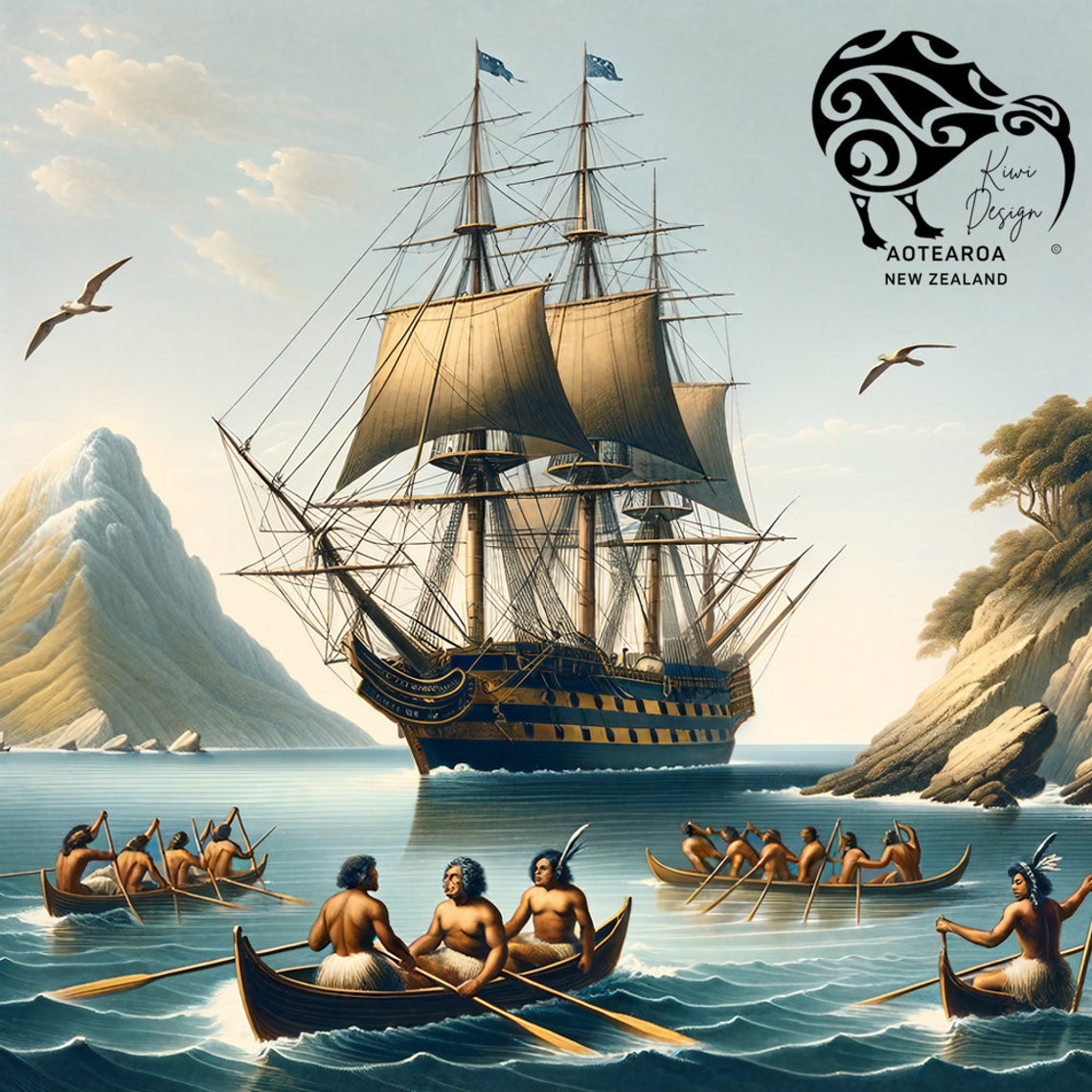 Captain James Cook Sailing Into a Bay in New Zealand and Being Greeted ...