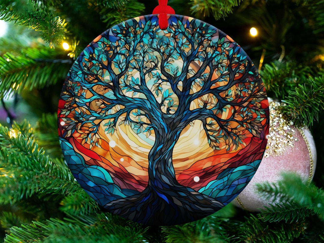 Stained Glass Style Tree of Life Christmas Ornament, Colorful Holiday ...
