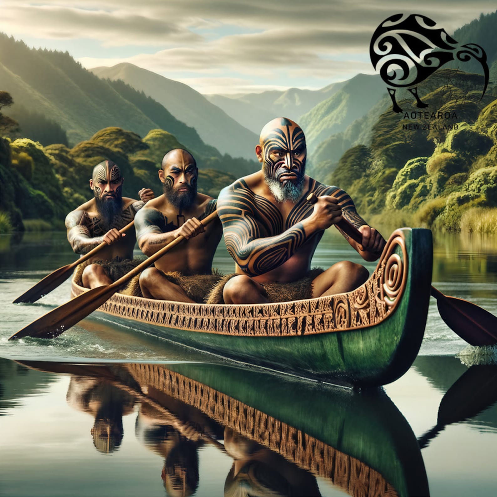 New Zealand Māori Warriors in a Waka on a Lake. Digital Māori Warriors ...