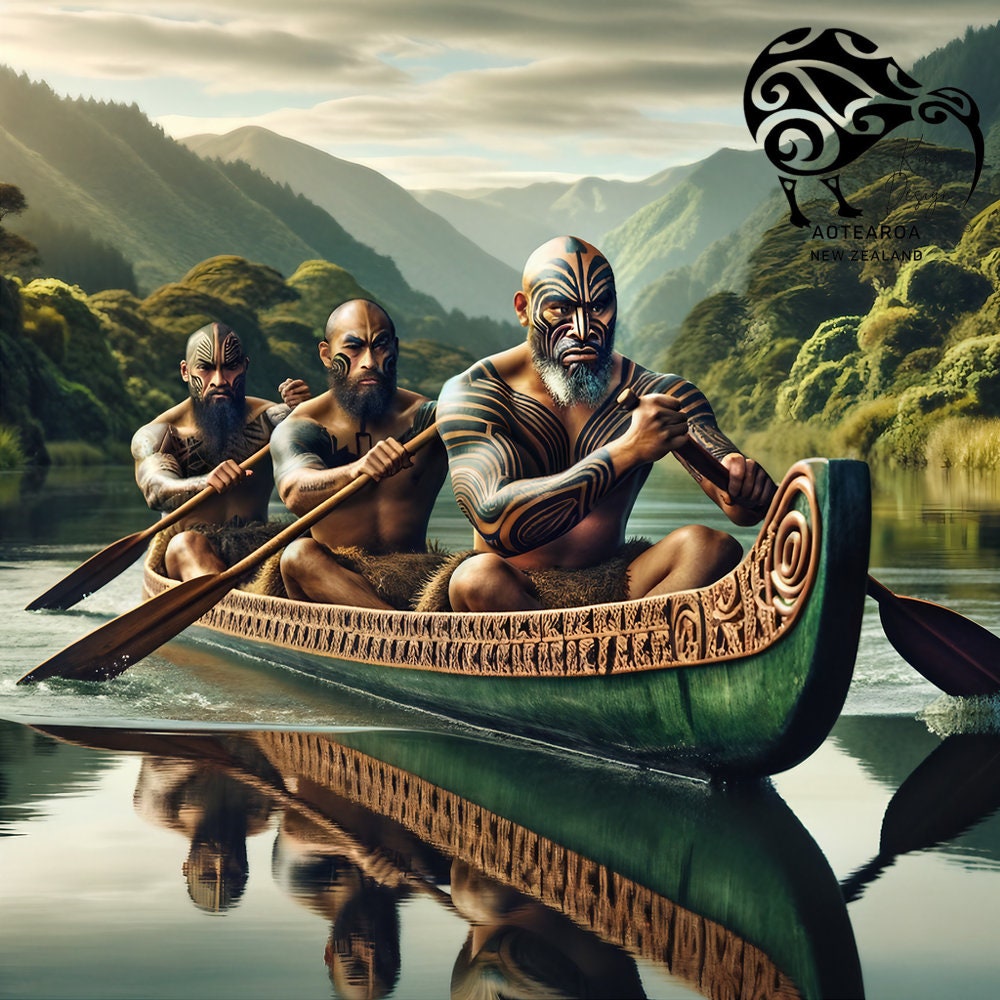 New Zealand Māori Warriors in a Waka on a Lake. Digital Māori Warriors ...
