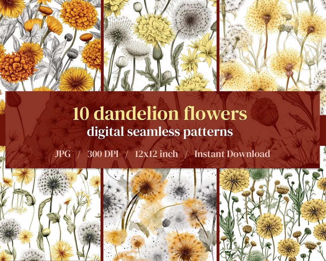 10 Dandelion Flowers Digital Paper, Flowers Seamless Pattern, Floral ...