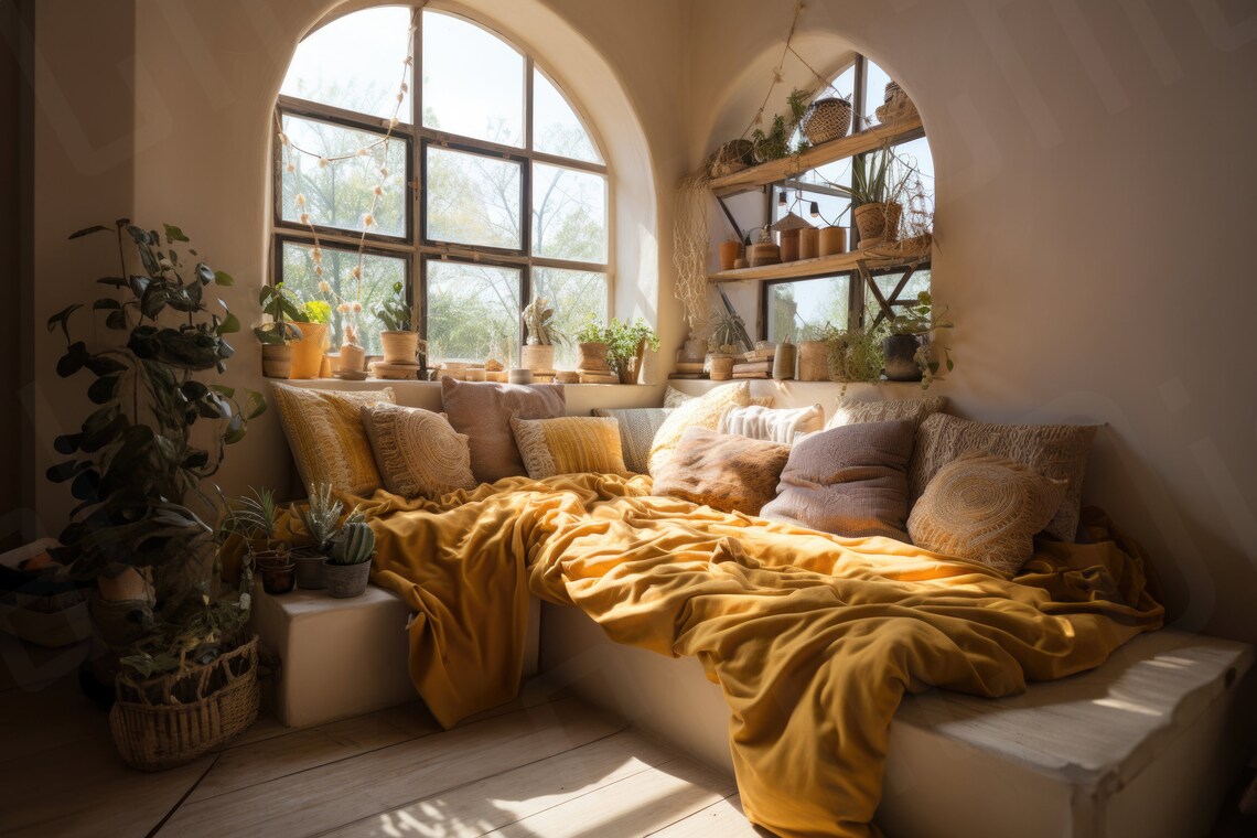 Digital Backdrop Boho Room Interior, Bohemian Style Background JPG ...