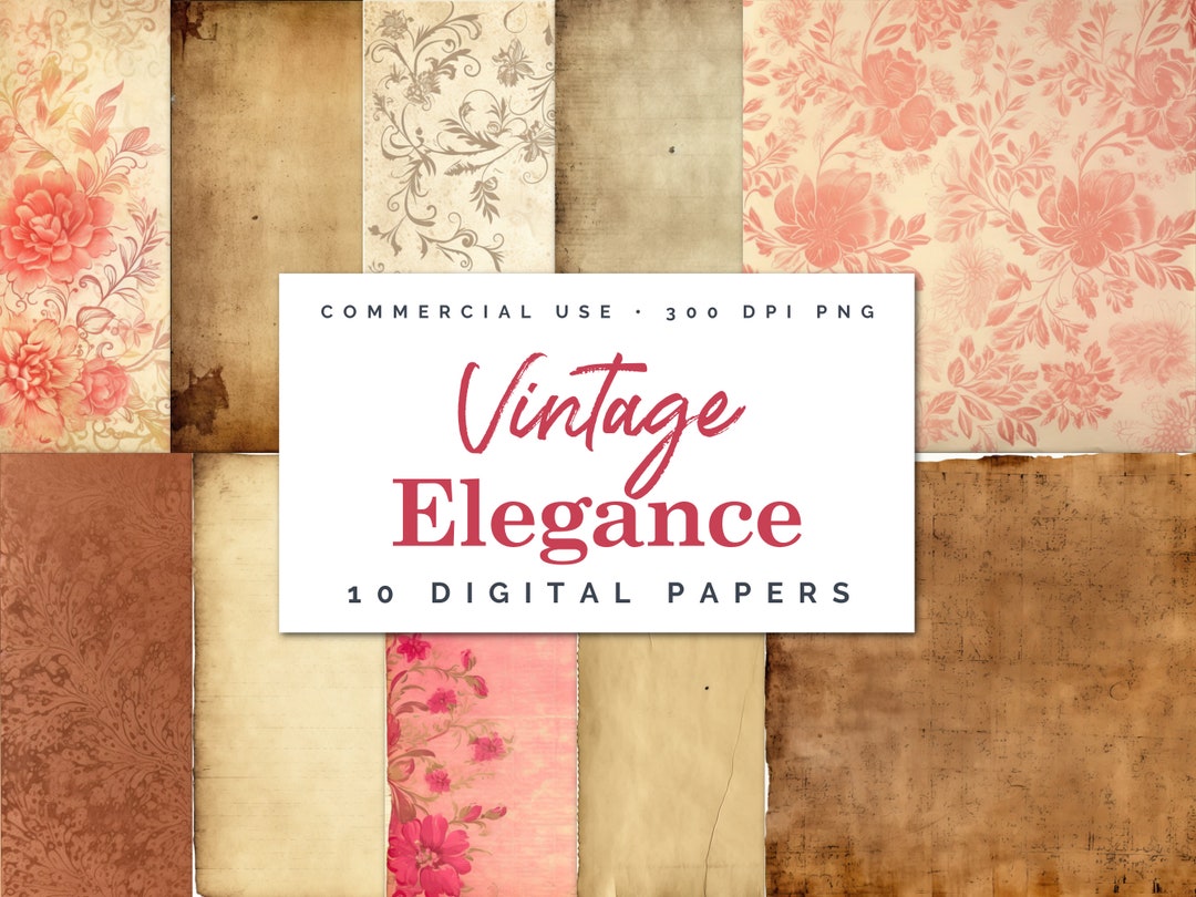 Vintage Elegance Digital Paper Pack 10 Unique Patterns, Stained & Crumbled Papers, Ivory to Dark ...
