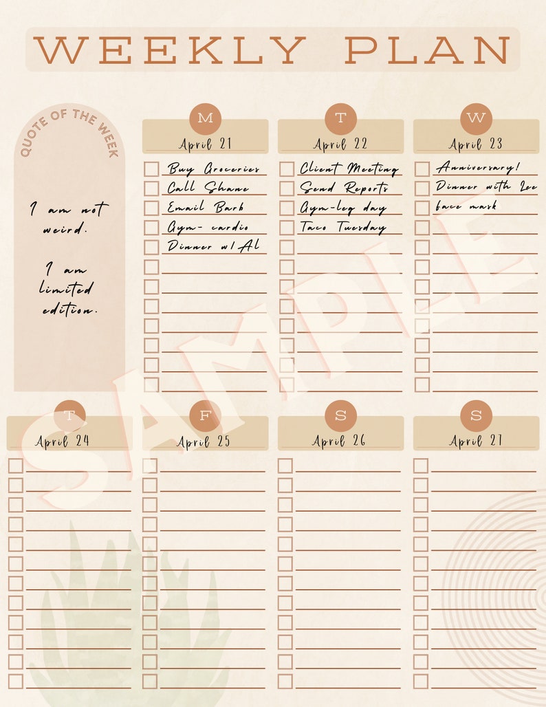 Simple Weekly Plan Checklist - Etsy