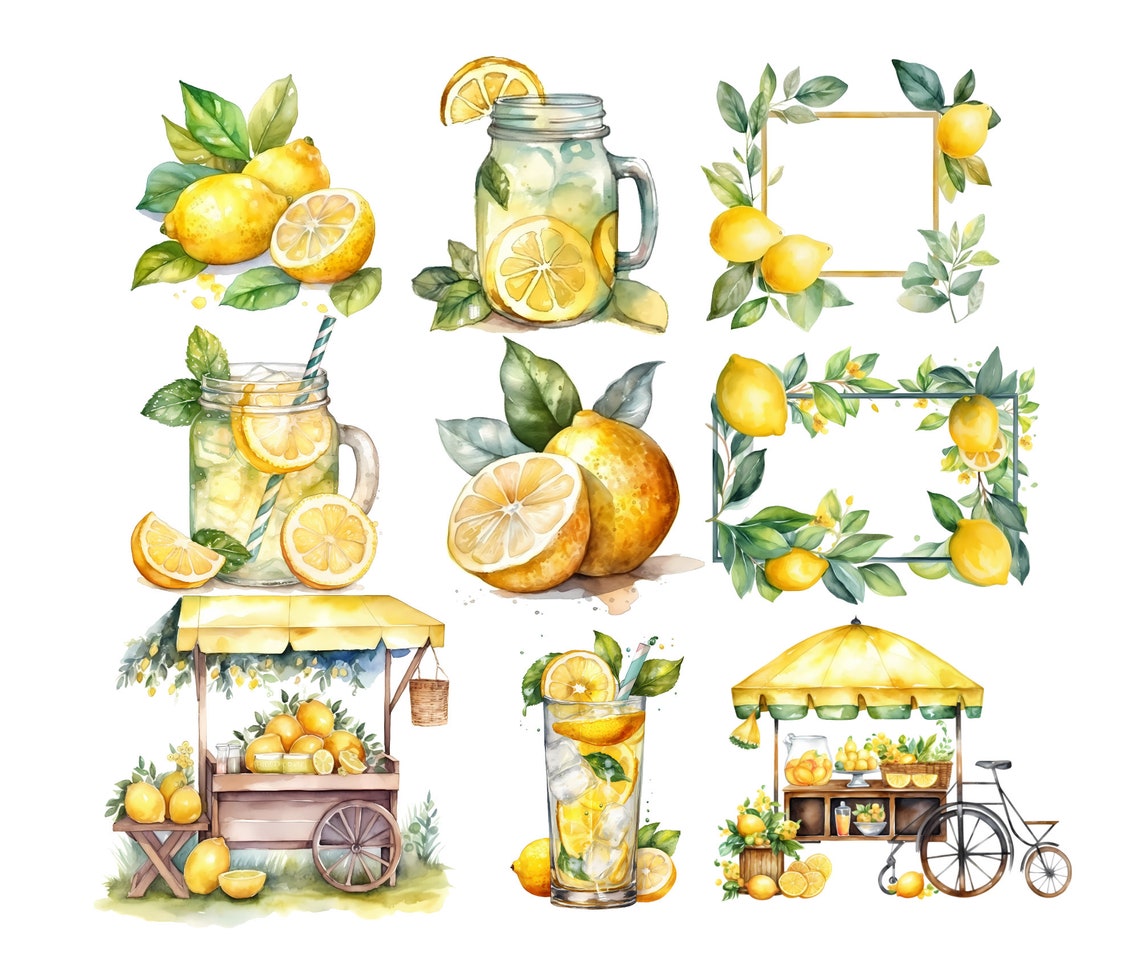Watercolor Lemon Clipart | Digital PNG Lemonade & Citrus Fruit Graphics ...