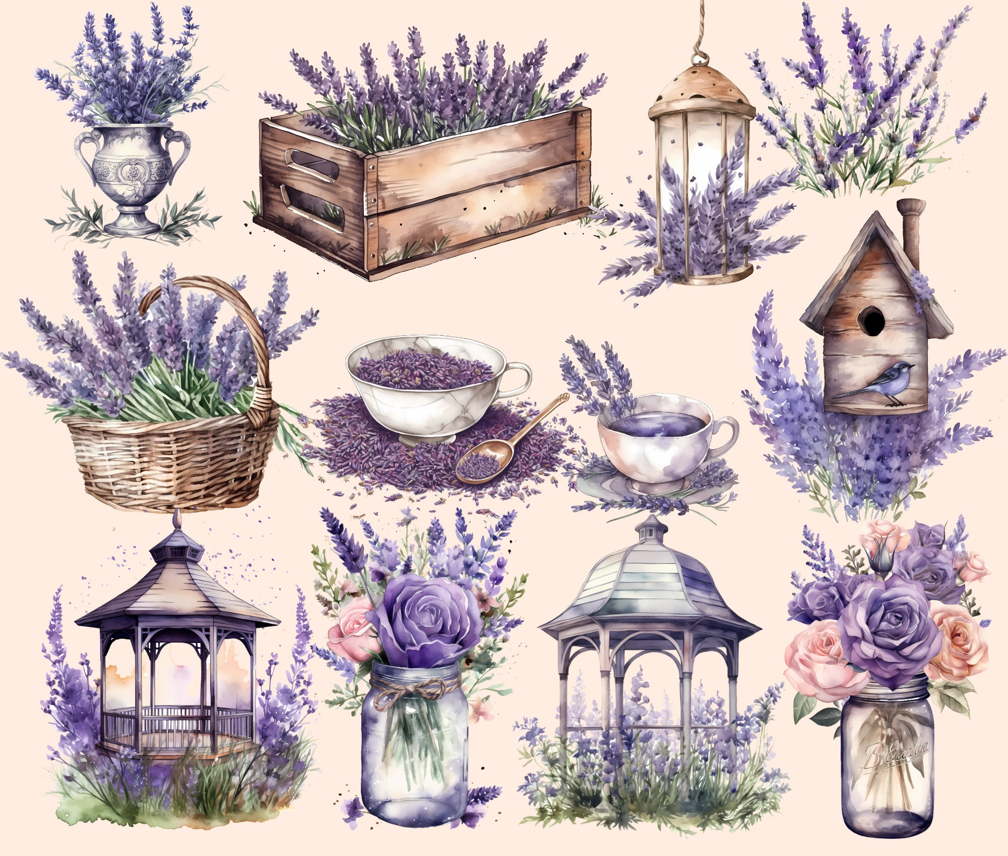 Watercolor Lavender Field Clipart Bundle | Provencal Floral Spring PNG ...