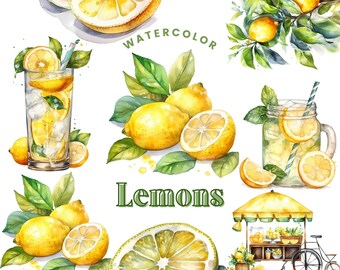 Watercolor Lemon Clipart Bundle 20 Citrus Fruit PNG Graphics, Instant ...