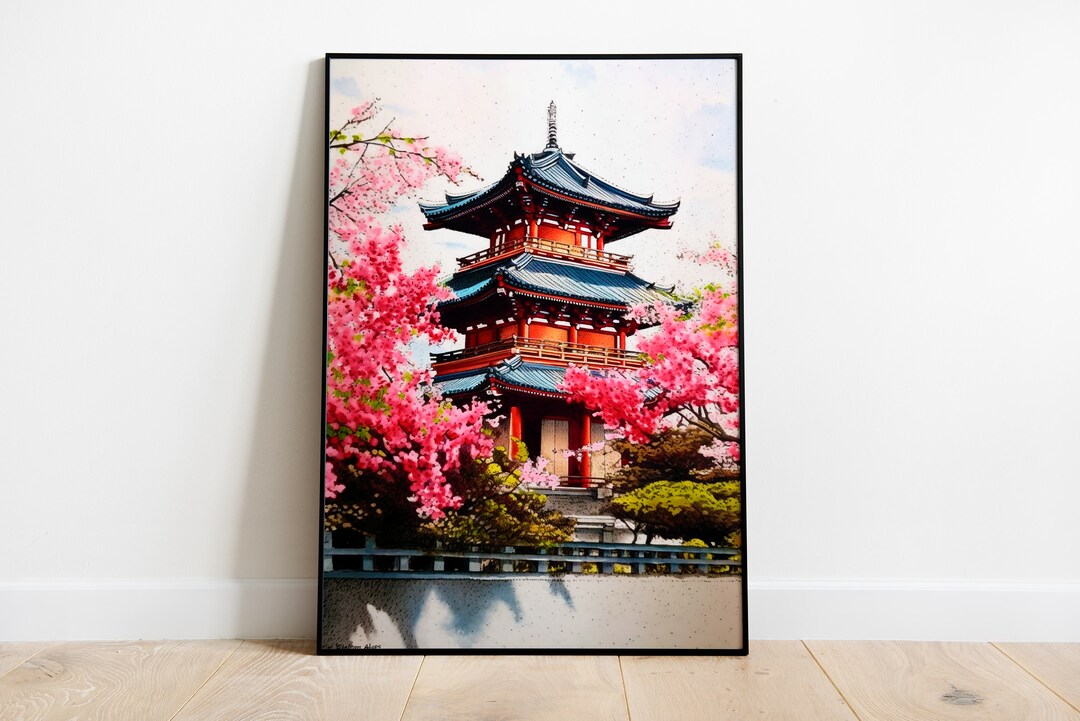 Zen Temple With Cherry Blossom Watercolor Calming Wall Art, Instant ...