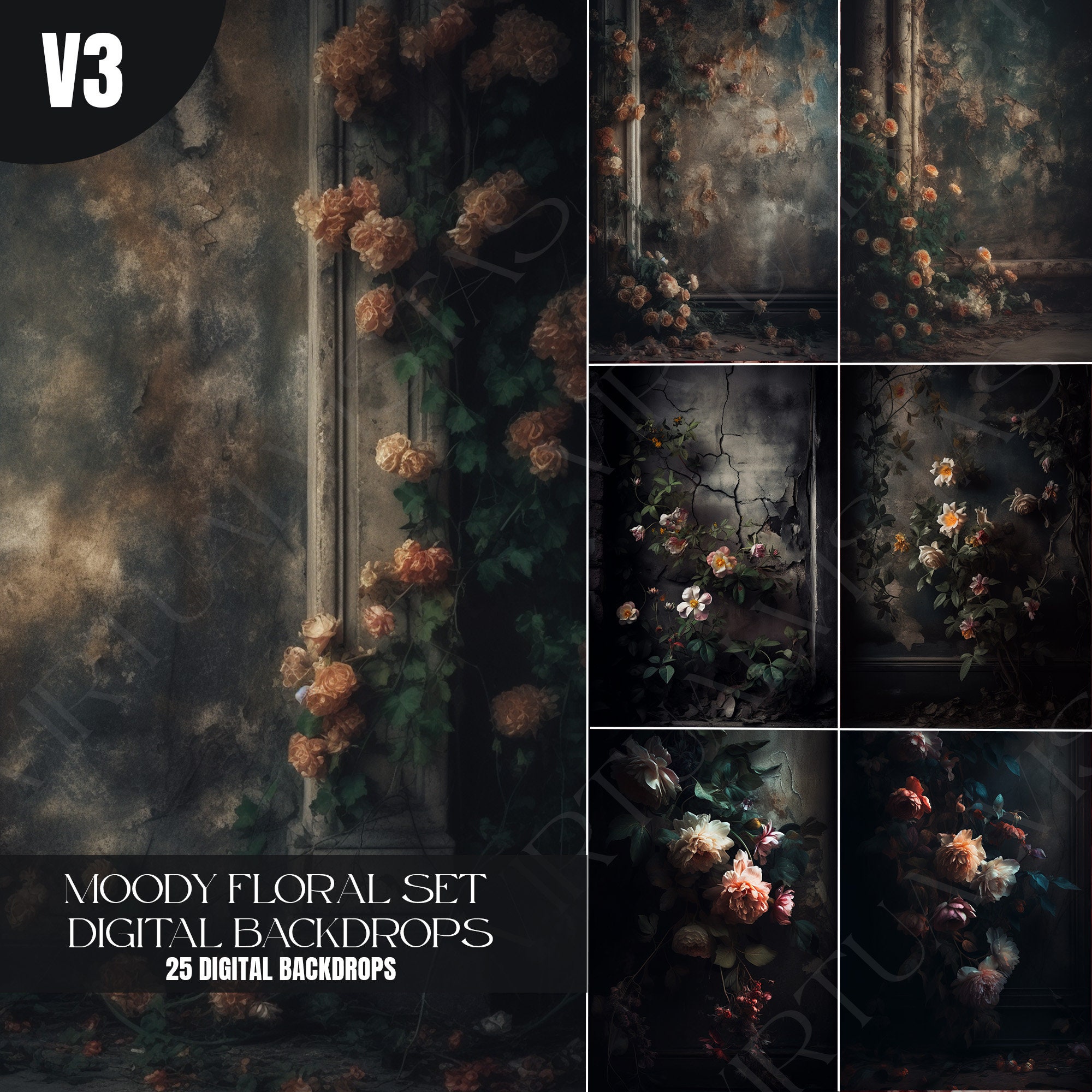 25 Moody Floral Texture Backdrop Overlays, Maternity Backdrop Overlays ...