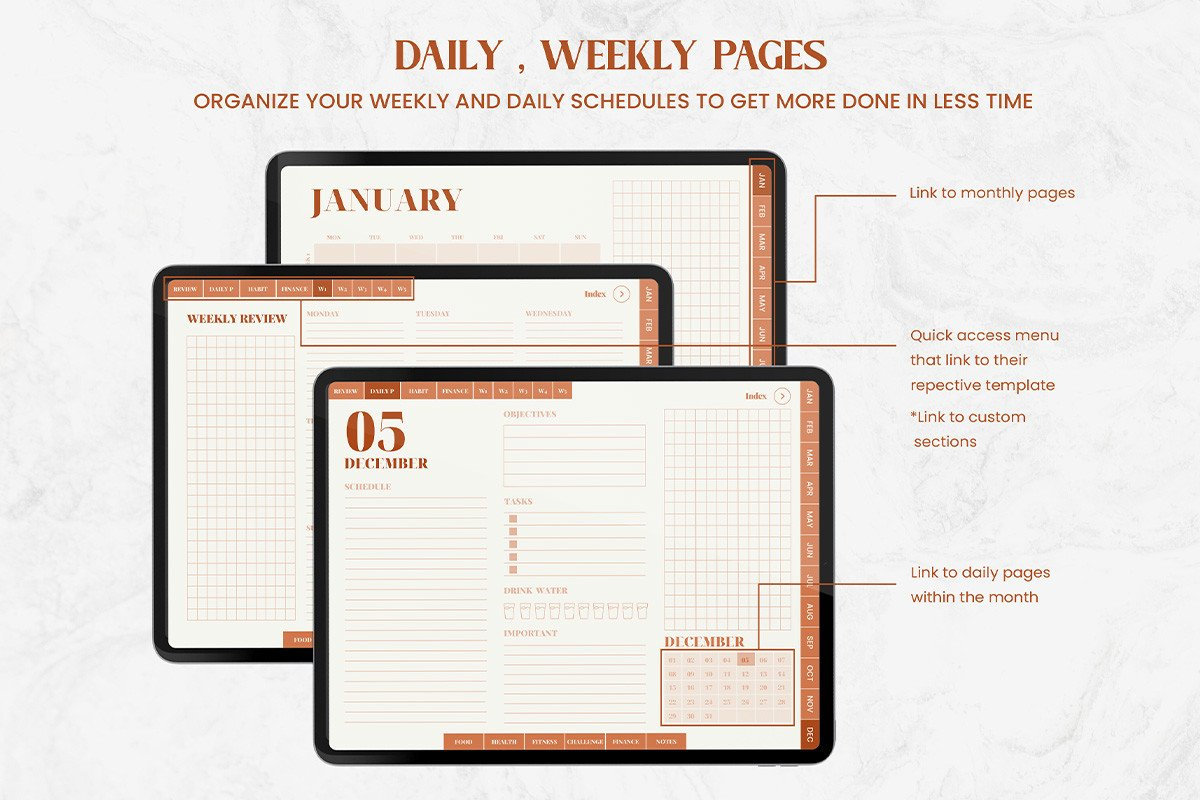 1100 Undated Horizontal Yearly Digital Planner, Monthly Digital Planner ...