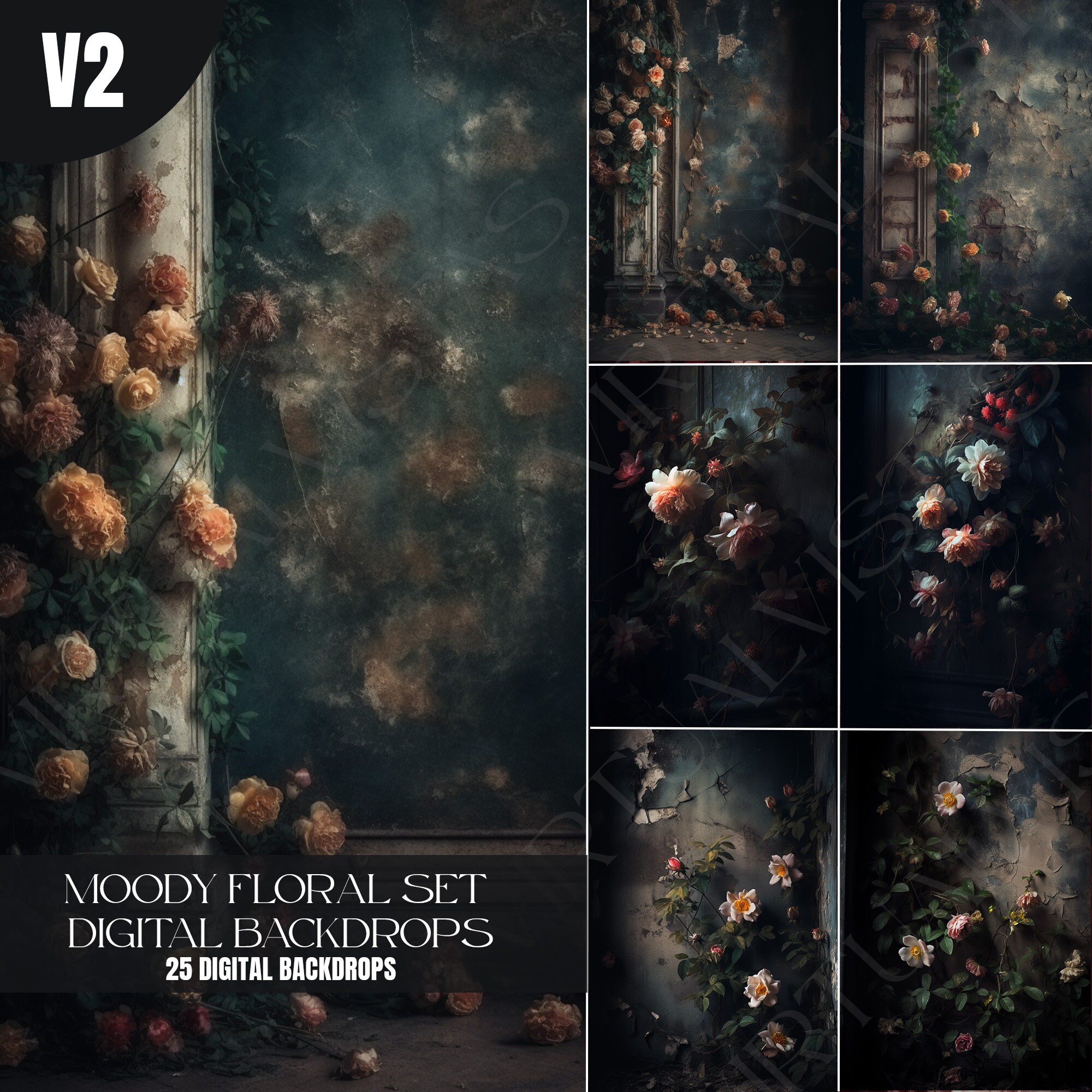 25 Moody Floral Texture Backdrop Overlays, Maternity Backdrop Overlays ...