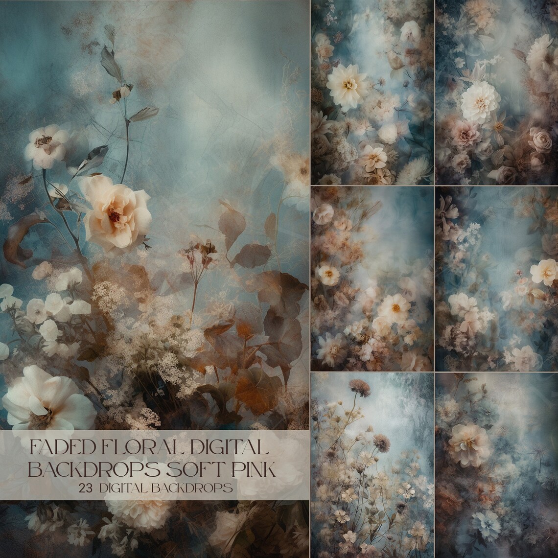23 Faded Floral Digital Backdrops Soft Pink Blue, Maternity Backdrop ...