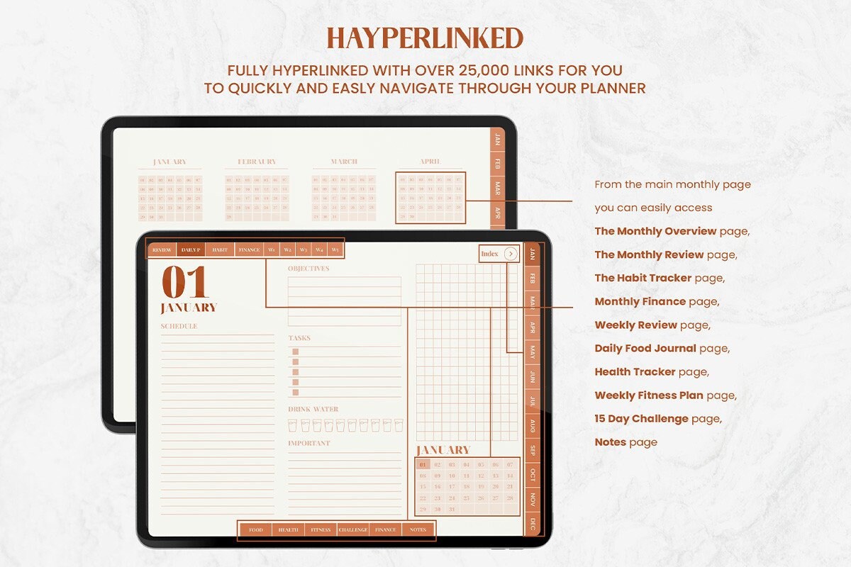1100 Undated Horizontal Yearly Digital Planner, Monthly Digital Planner ...