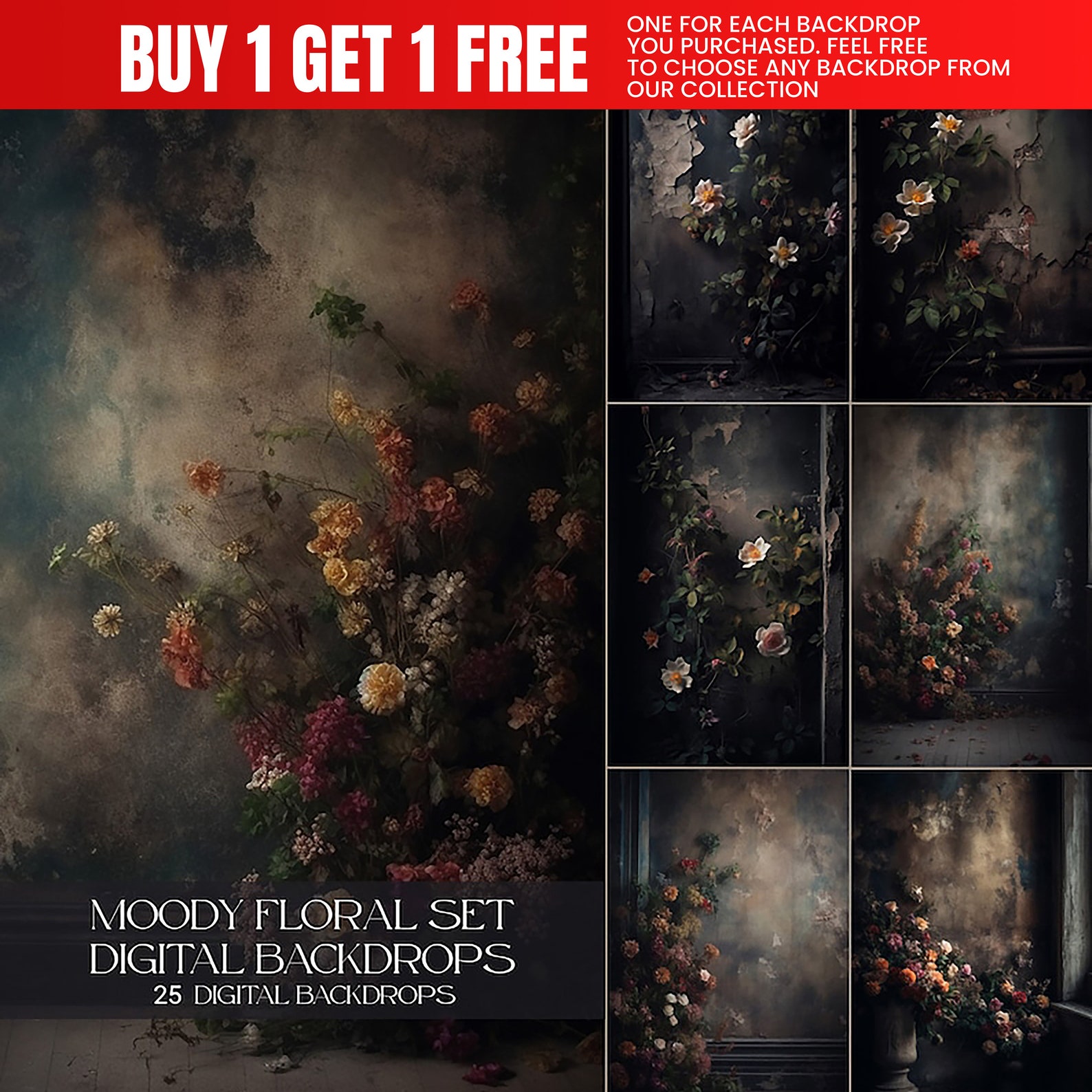 25 Moody Floral Texture Backdrop Overlays, Maternity Backdrop Overlays ...