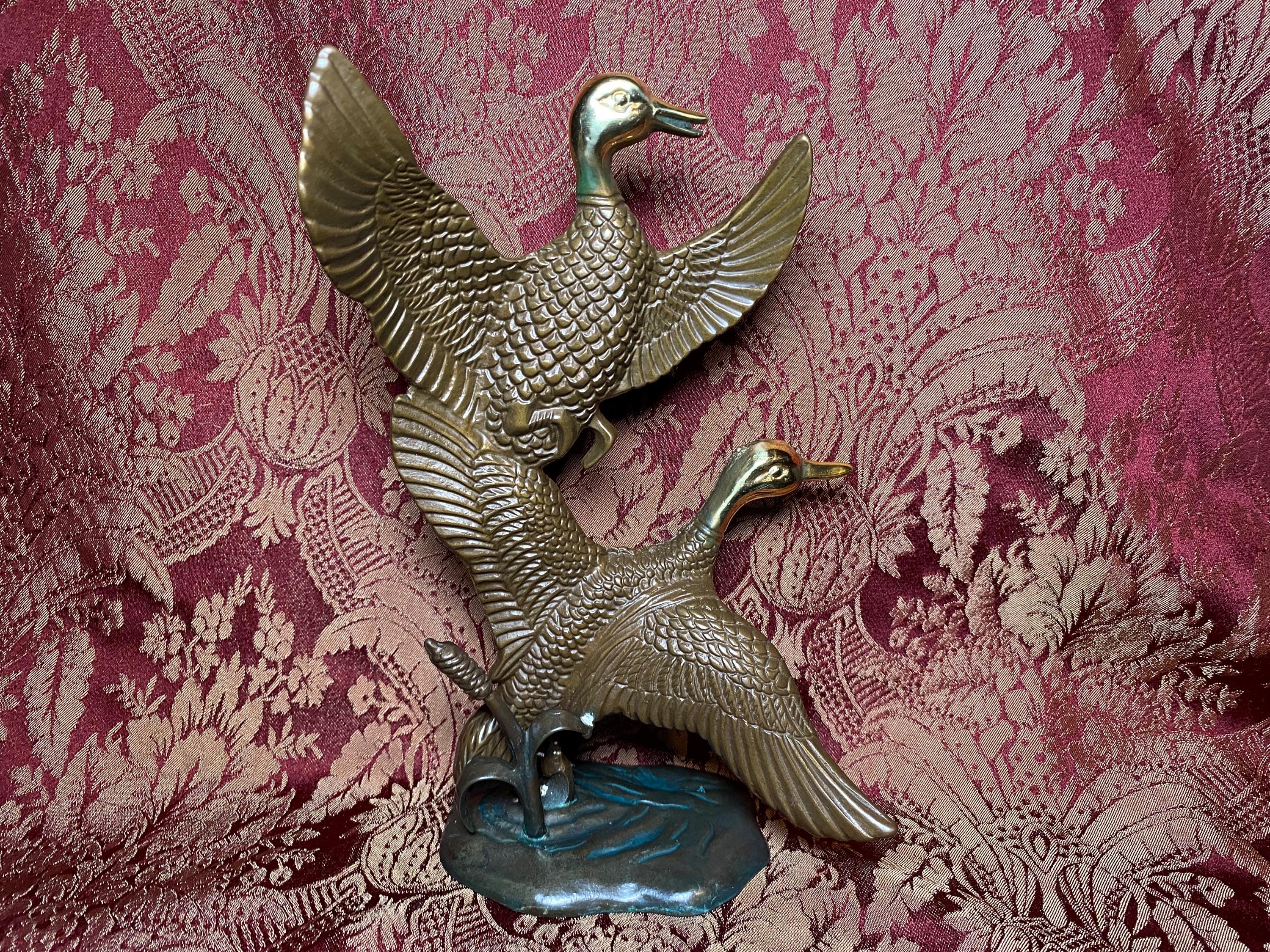 Vintage Brass Flying Ducks Duo Sculpture Patina Figurine Geese on Lake ...