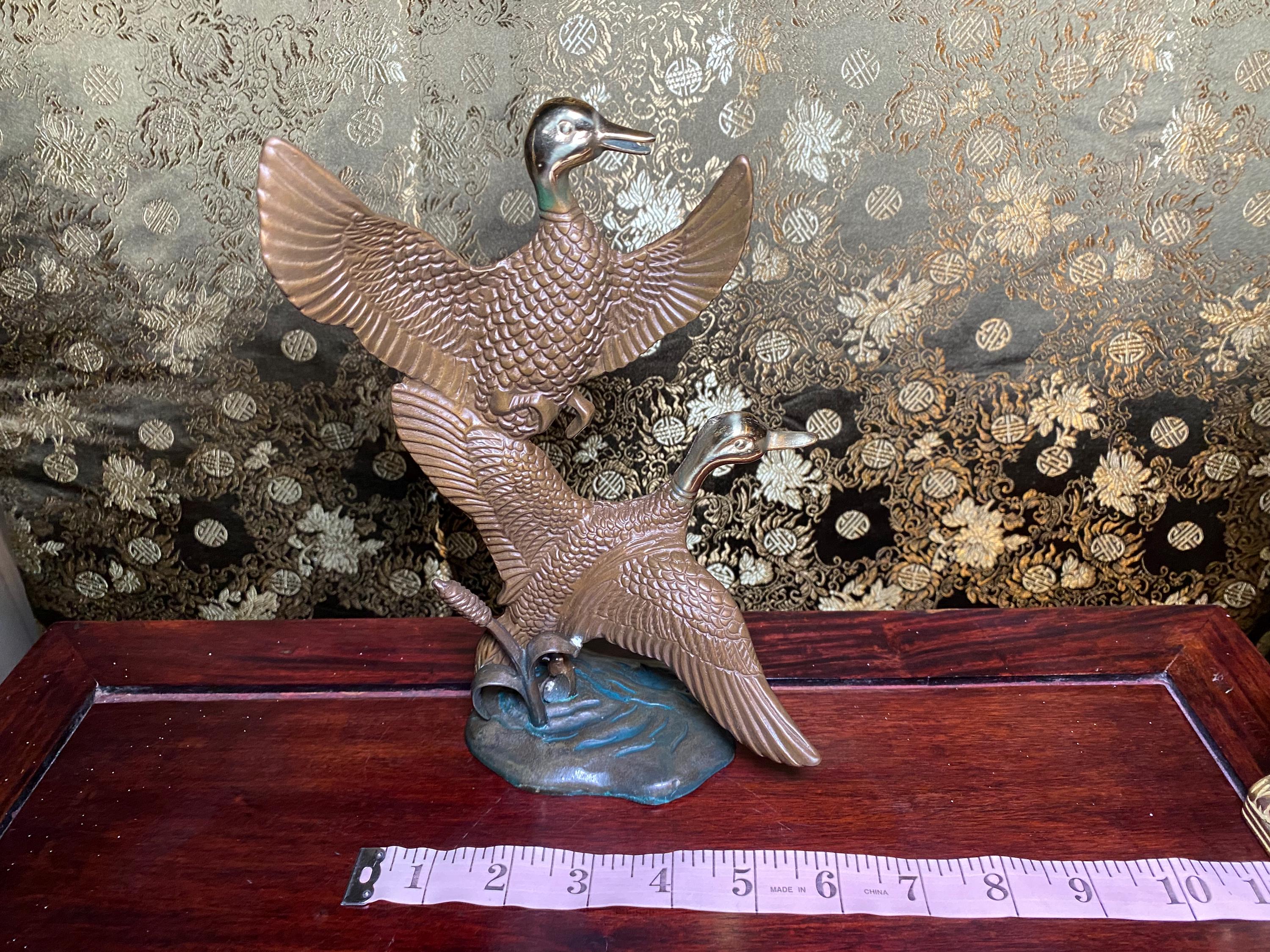 Vintage Brass Flying Ducks Duo Sculpture Patina Figurine Geese on Lake ...