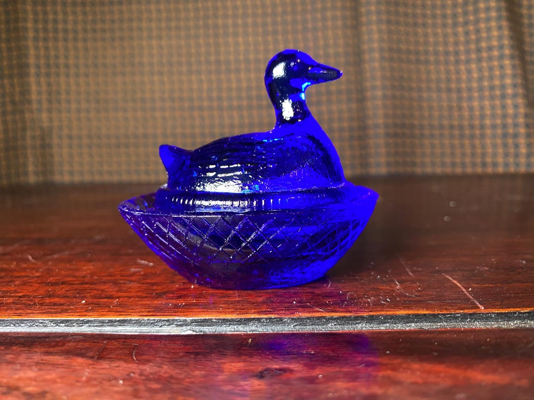 Mini Cobalt Blue Glass Duck on Nest W/ Lid Vintage Trinket Dish Candy ...