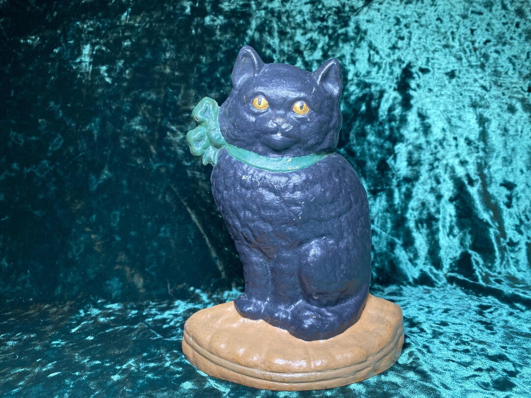 Antique Cast Iron Hubley Cat Doorstop With Green Bow Victorian Sitting ...
