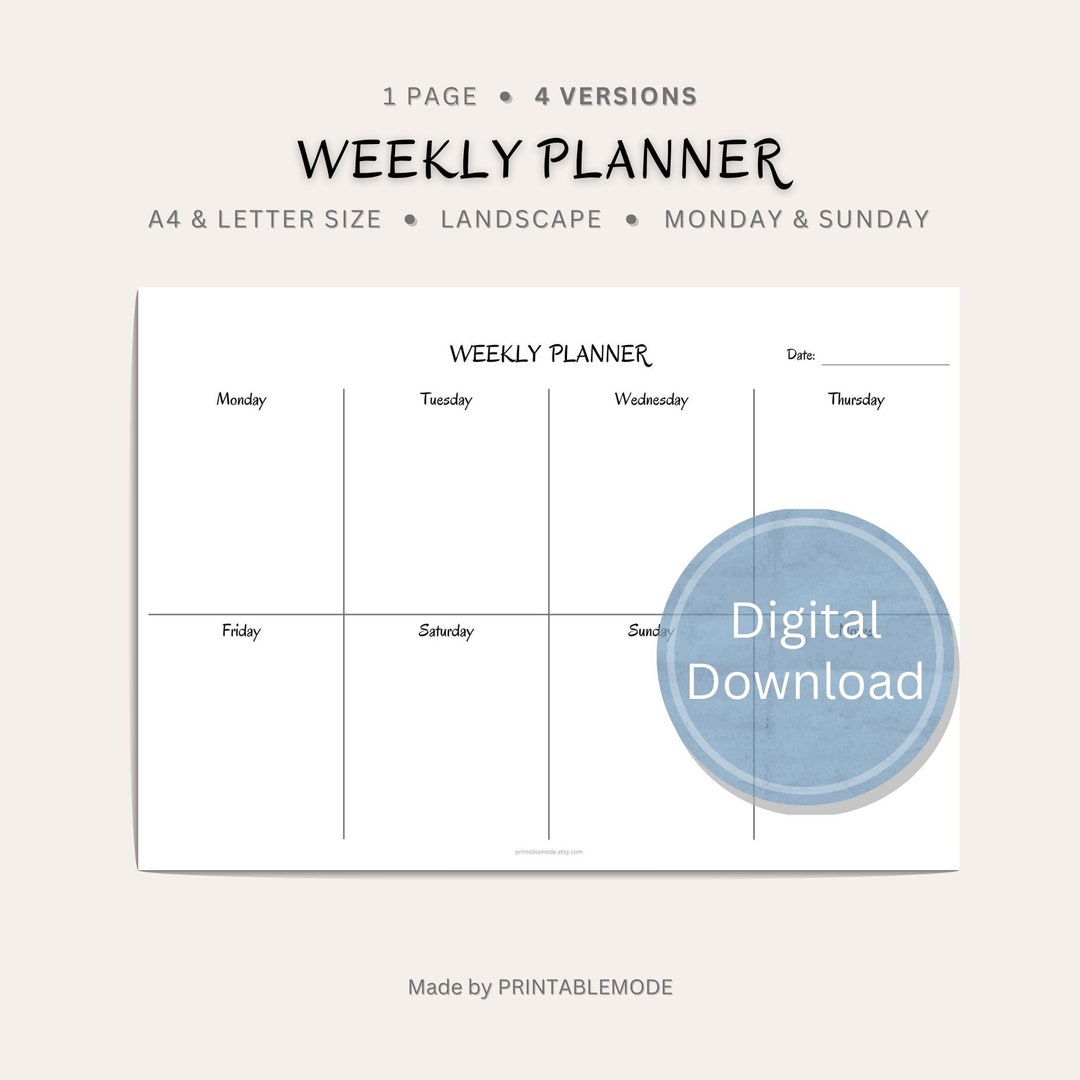 Printable Weekly Planner Landscape, Monday or Sunday Start Weekly ...