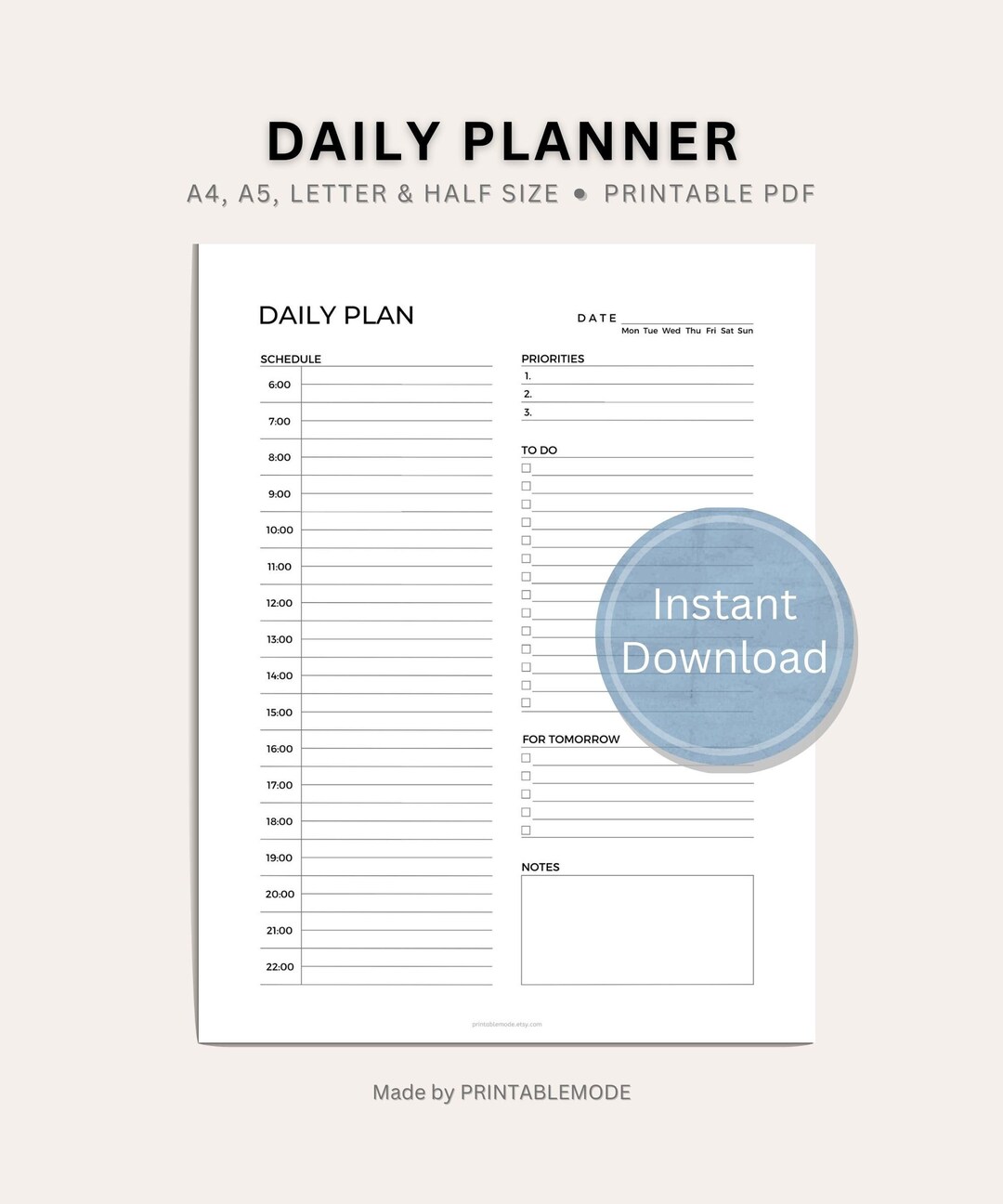 Daily Schedule Planner Template, Notebook Printable Inserts, Daily ...