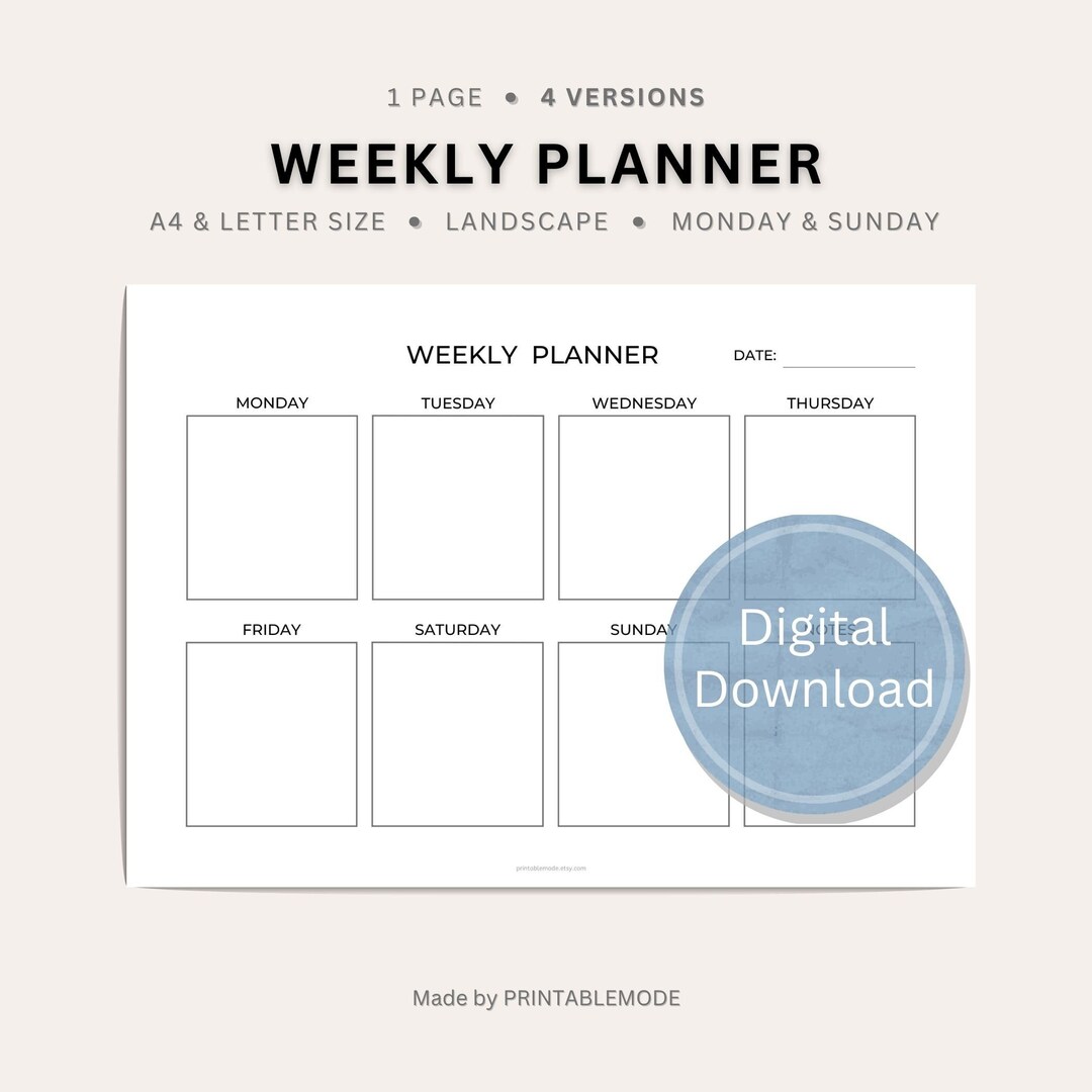 Printable Weekly Planner Template, Monday/sunday Start to Do Planner ...
