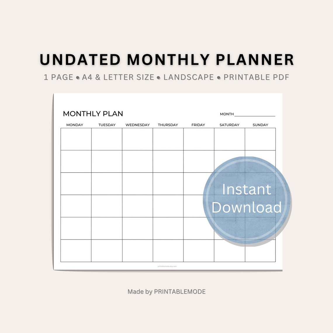 Undated Monthly Planner Printable Landscape PDF Instant Download ...