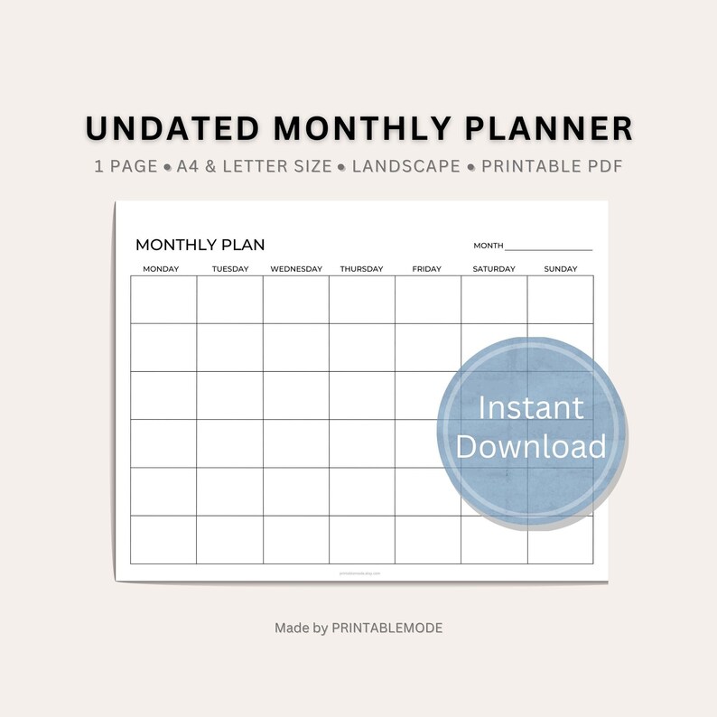 Undated Monthly Planner Printable Landscape PDF Instant Download ...