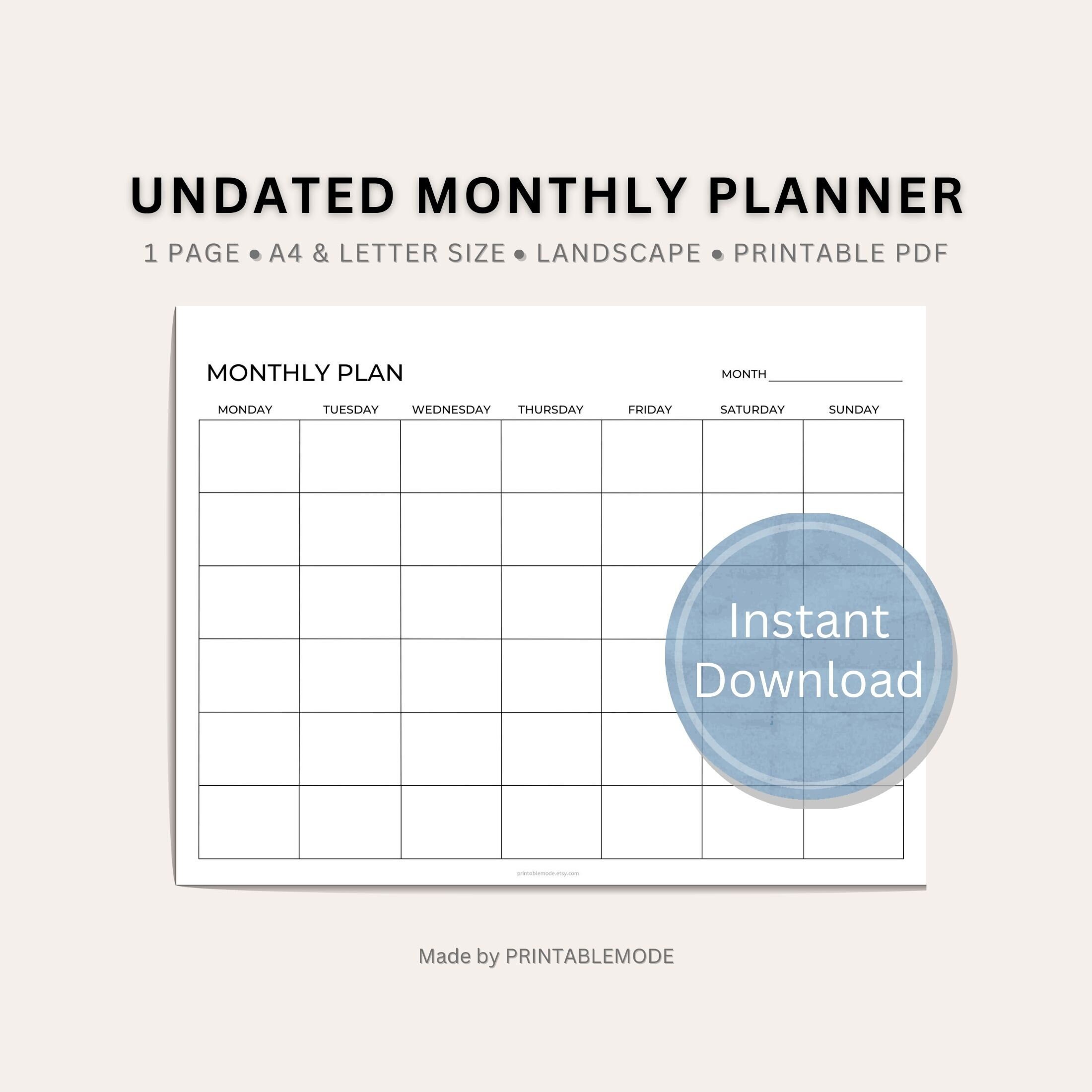 Undated Monthly Planner Printable Landscape PDF Instant Download ...