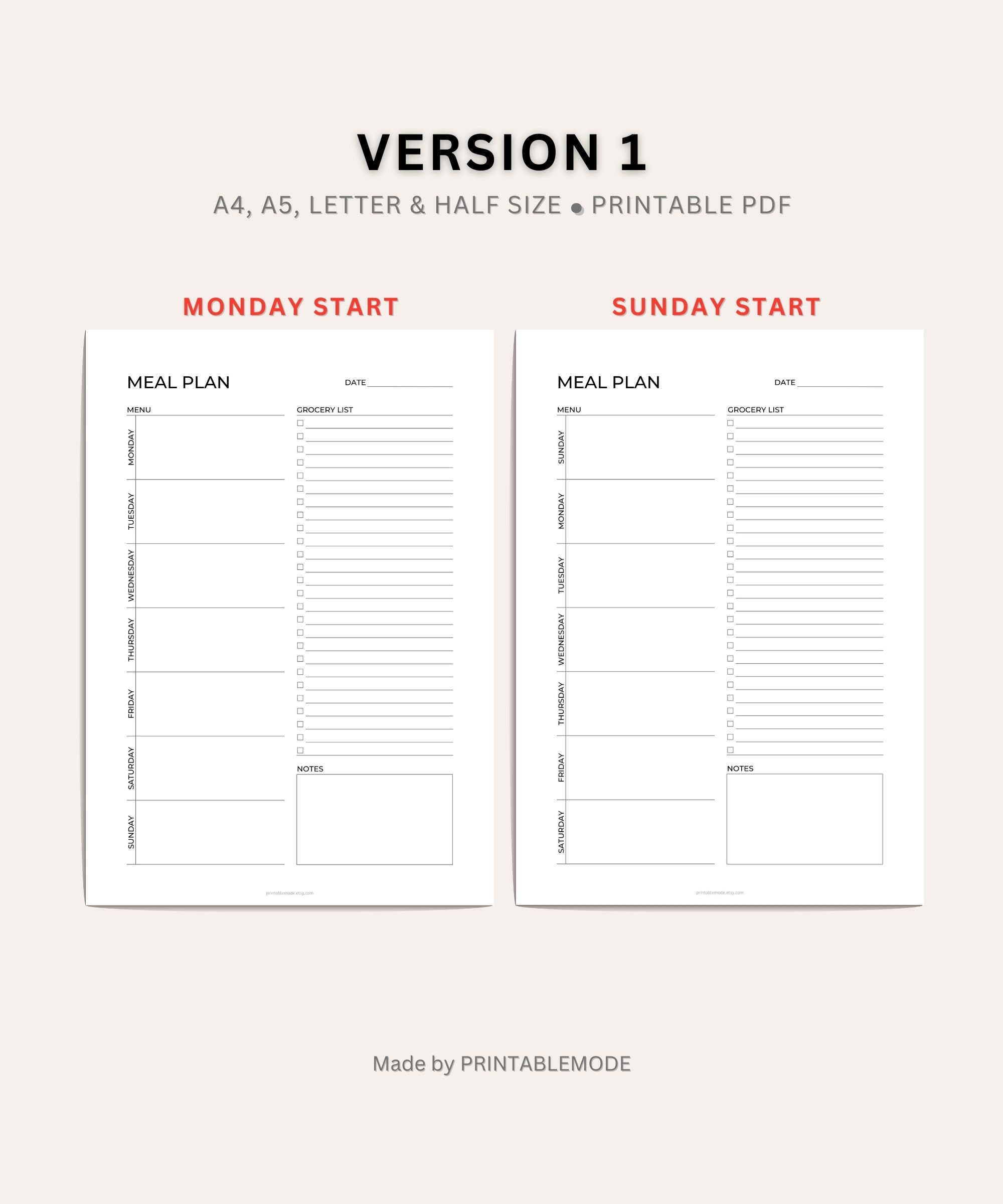 Weekly Meal Planner Inserts Grocery List Printable Template Food Diary ...