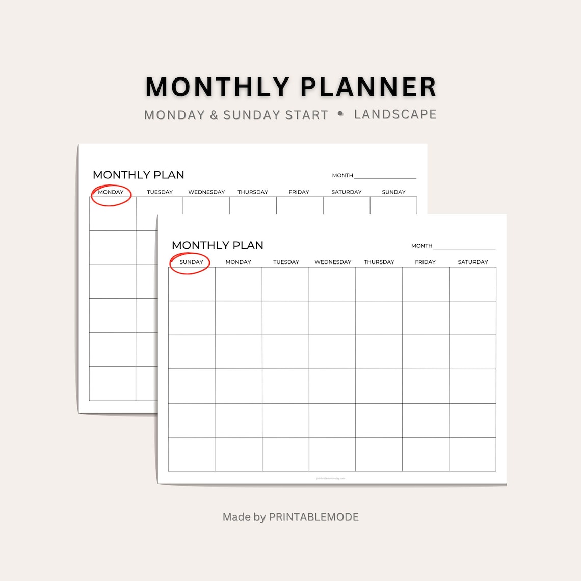 Undated Monthly Planner Printable Landscape PDF Instant Download ...