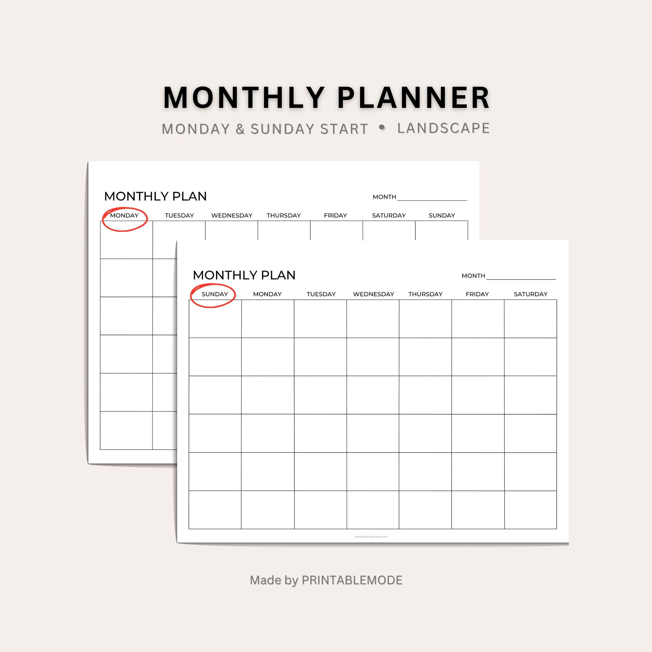 Undated Monthly Planner Printable Landscape PDF Instant Download ...