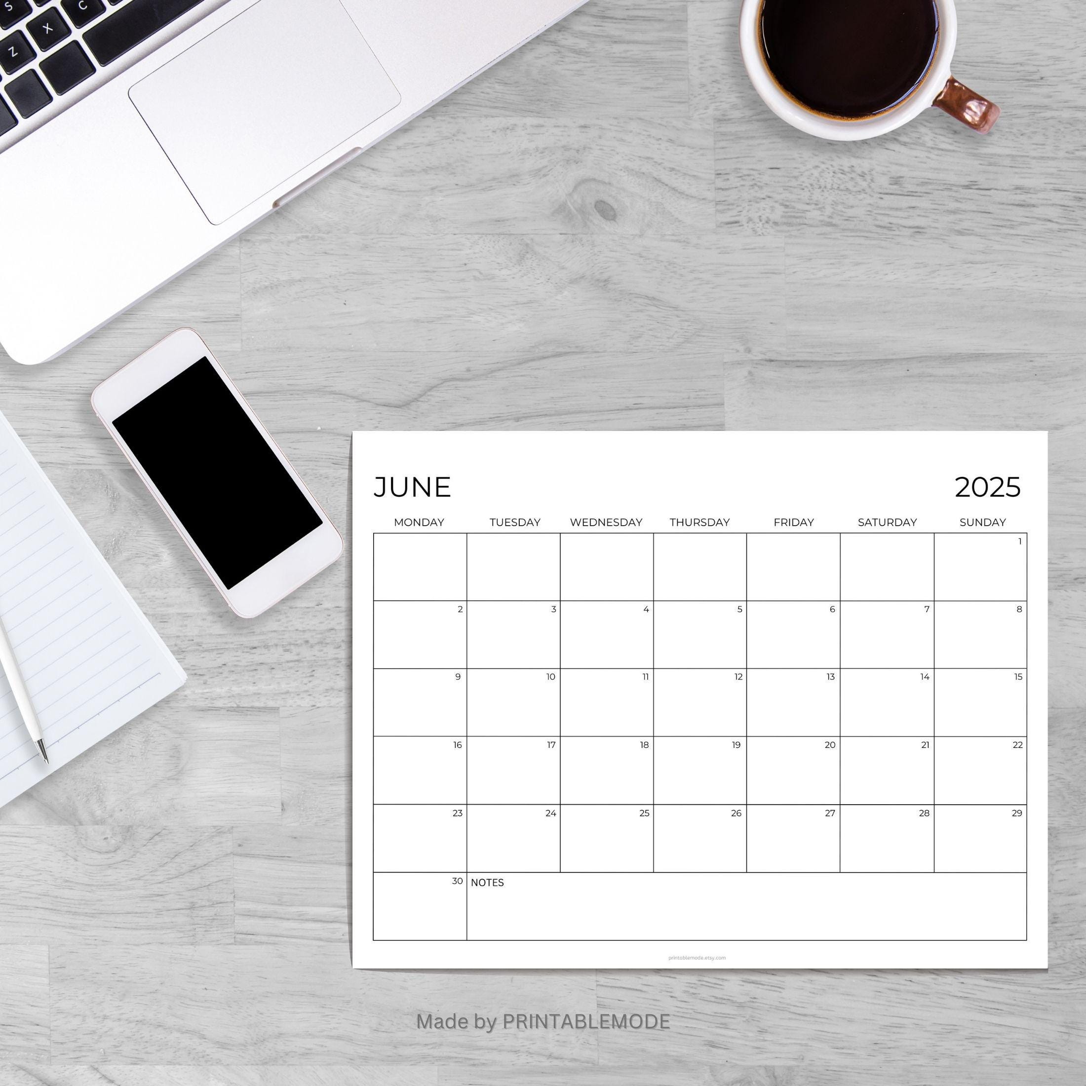 Monthly Calendar 2025 Printable PDF, Events & Goals Tracker, Business ...