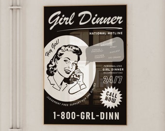 Girl Dinner Art Print Poster, Retro Kitchen Decor, Aesthetic Kitchen ...