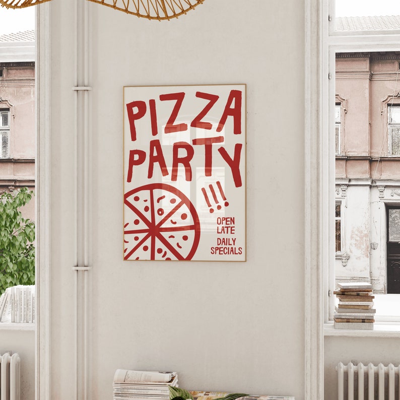 Pizza Party Poster, Pizza Doodle Art, Bar Cart Wall Art, Coquette Room ...